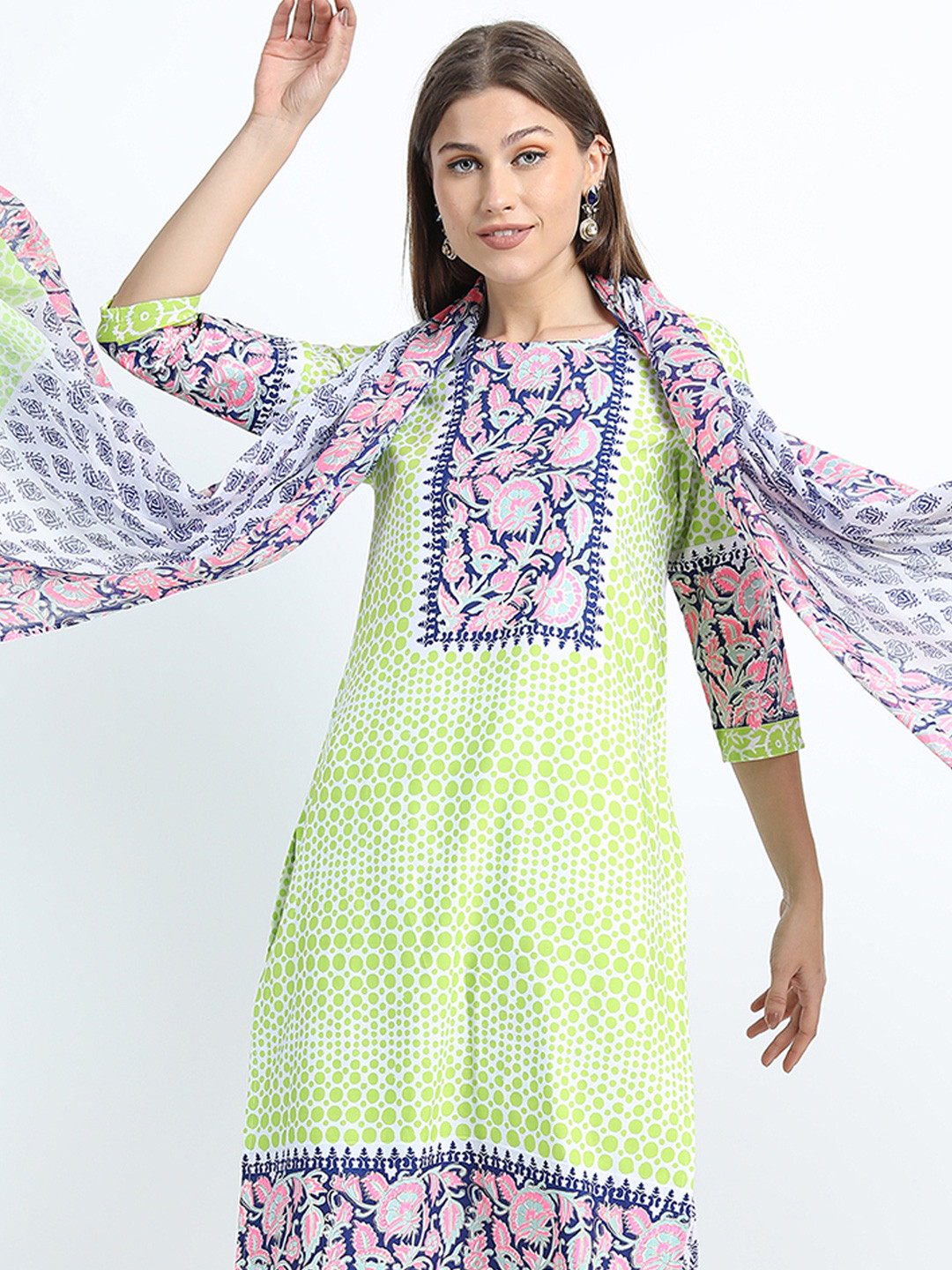 Buy Vishudh Green & White Ethnic Motifs Printed Straight Kurta With ...