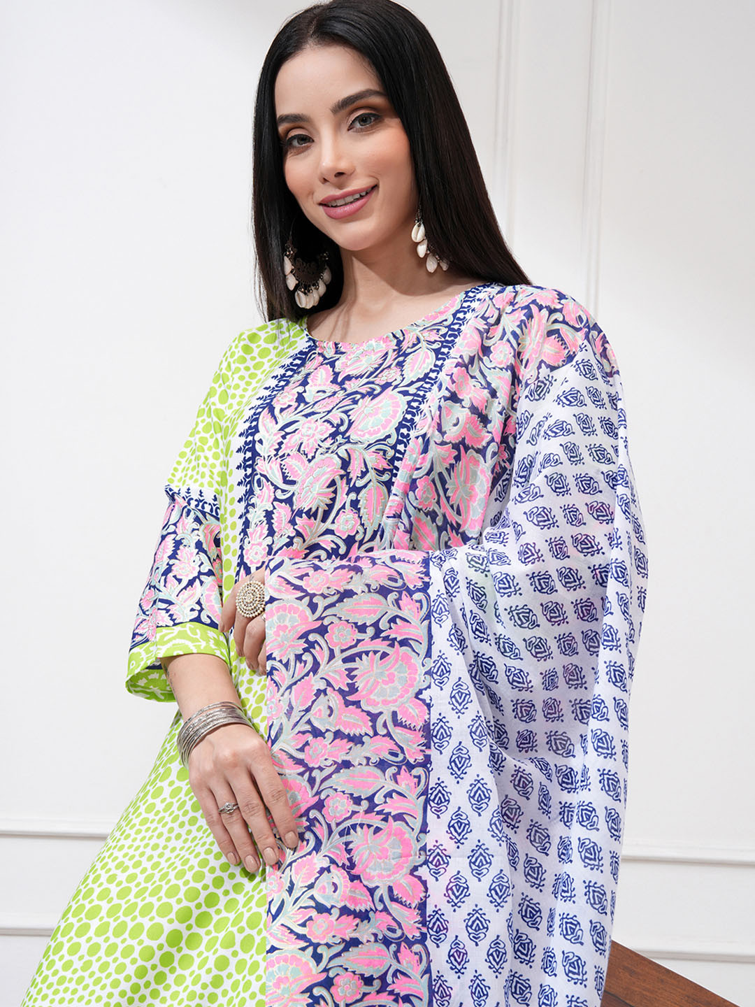 Buy Vishudh Green & White Ethnic Motifs Printed Straight Kurta With ...