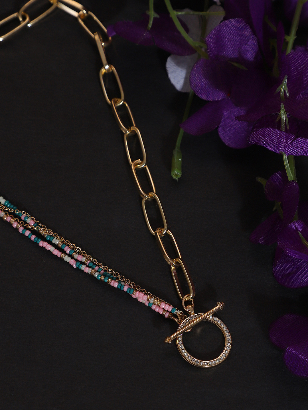 Buy ELLE Gold Plated Artificial Beaded Front Open Chain - Necklace And ...