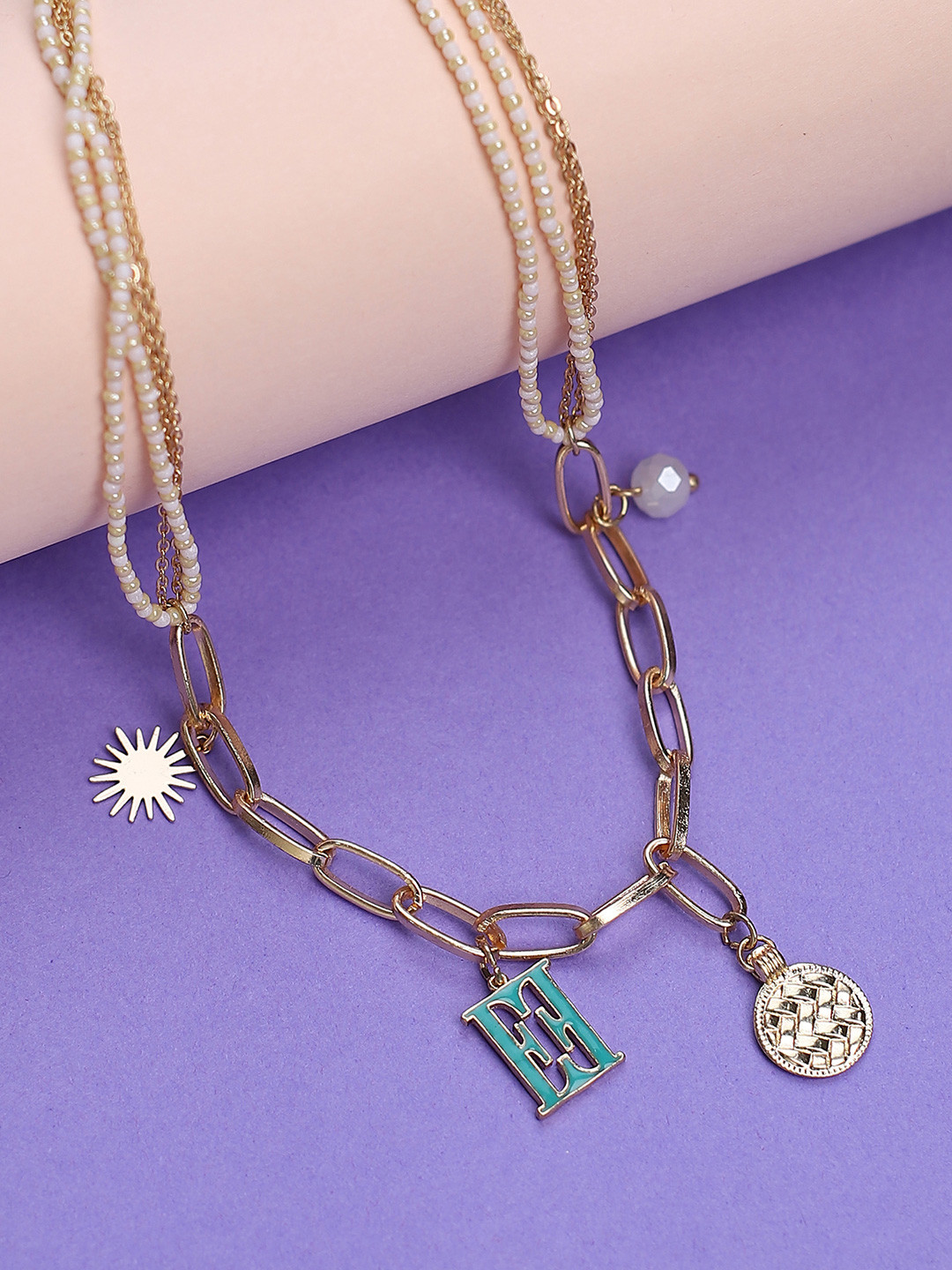 Buy ELLE Gold Plated Brass Metal Seed Bead Multi Charm Necklace ...