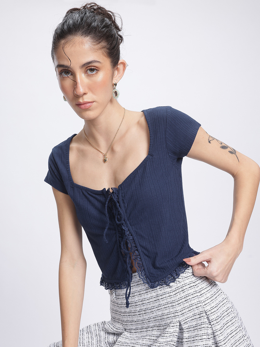 Buy DressBerry Scoop Neck Tie Up Detail Lace Inserts Ribbed Top - Tops ...