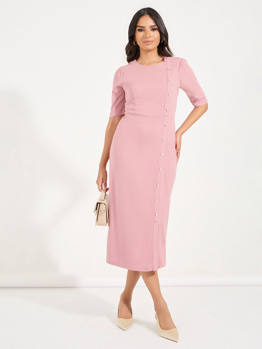 Buy Styli Women Solid Button Detail Sheath Midi Dress With Front Slit ...