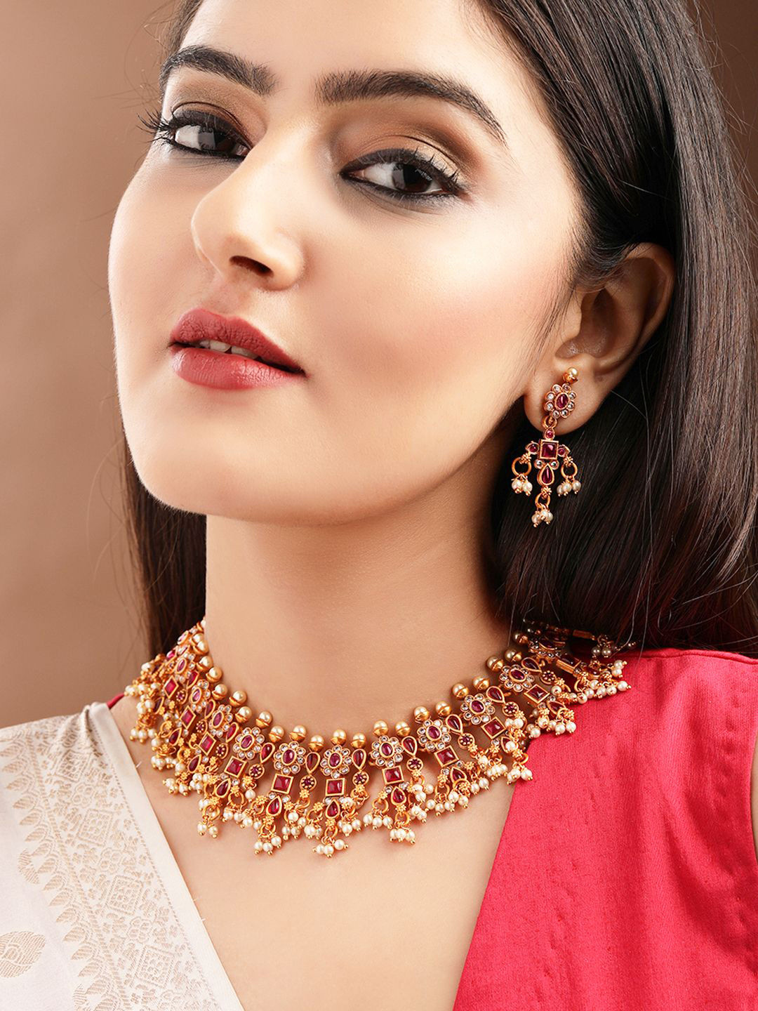 Buy Rubans 22K Gold Plated Ruby Kundan & Cubic Zirconia Studded Necklace Set With Pearl Beads ...