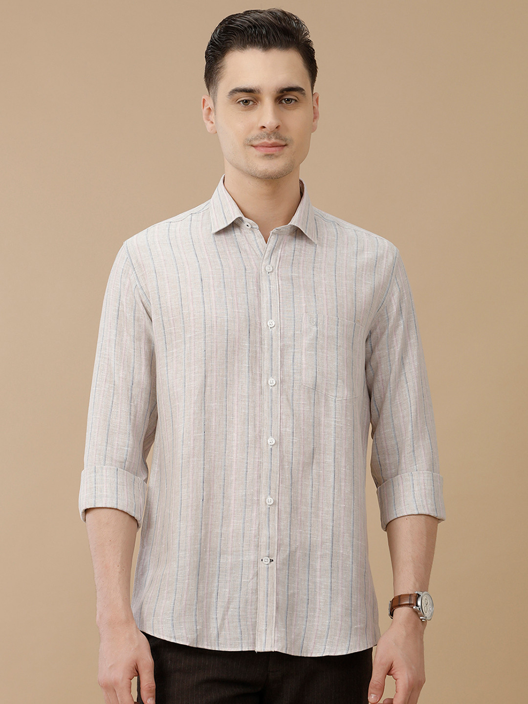 Buy Linen Club Men Contemporary Slim Fit Striped Opaque Linen Casual ...