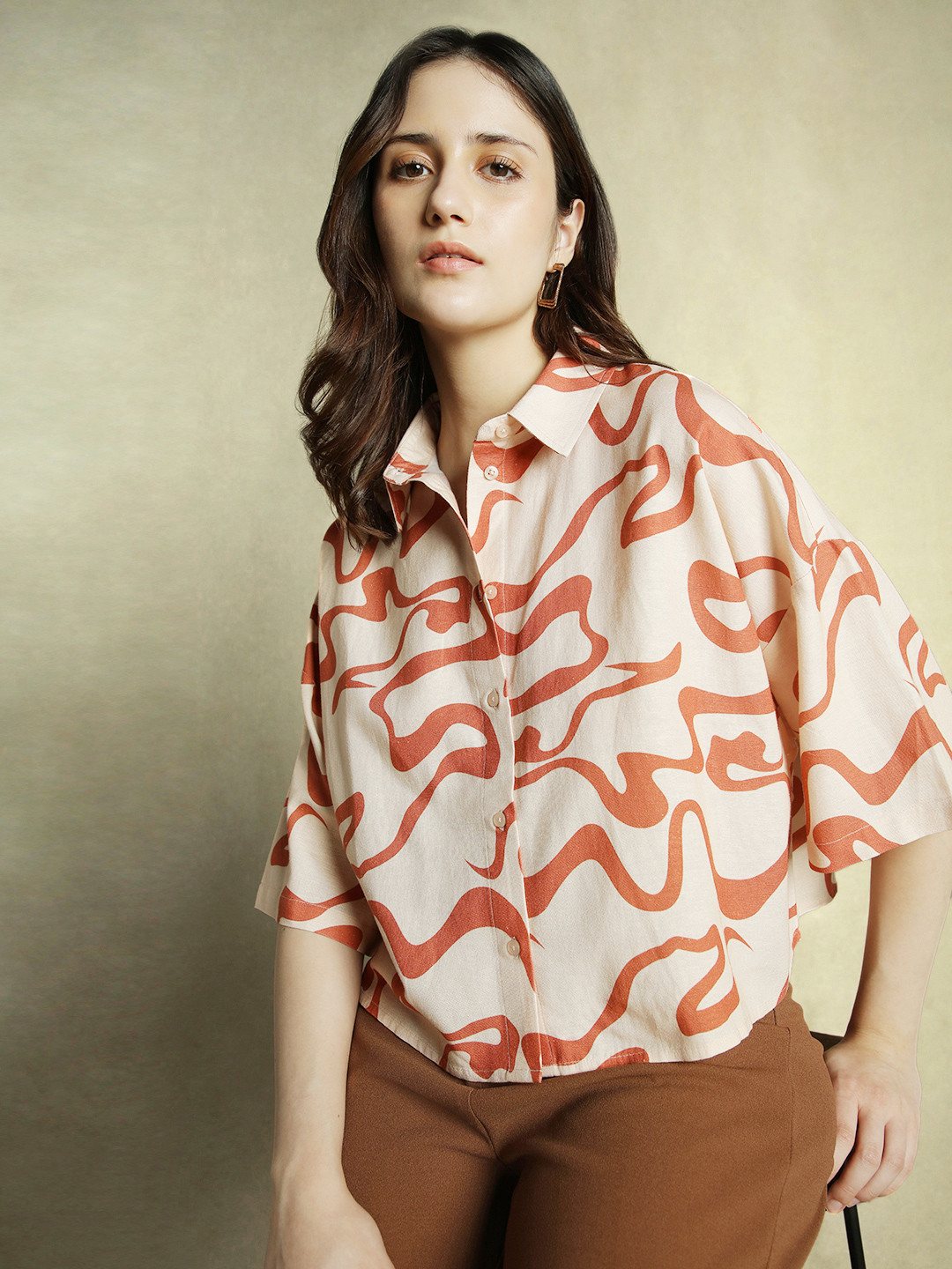 Buy DL Woman Women Abstract Printed Shirt Collar Oversized Top - Tops ...