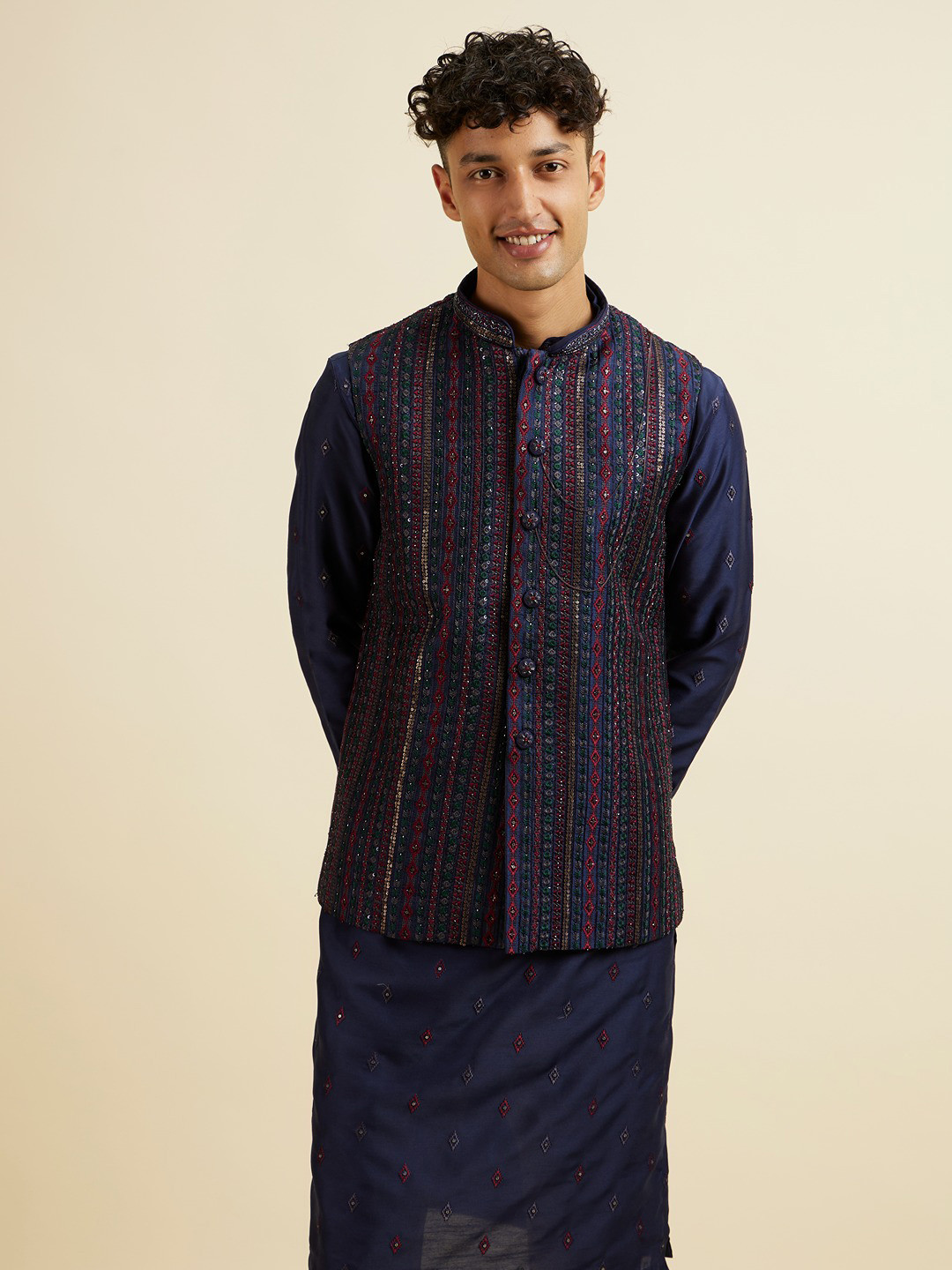 Buy Manyavar Men Ethnic Motifs Embroidered Regular Sequinned Kurta And ...