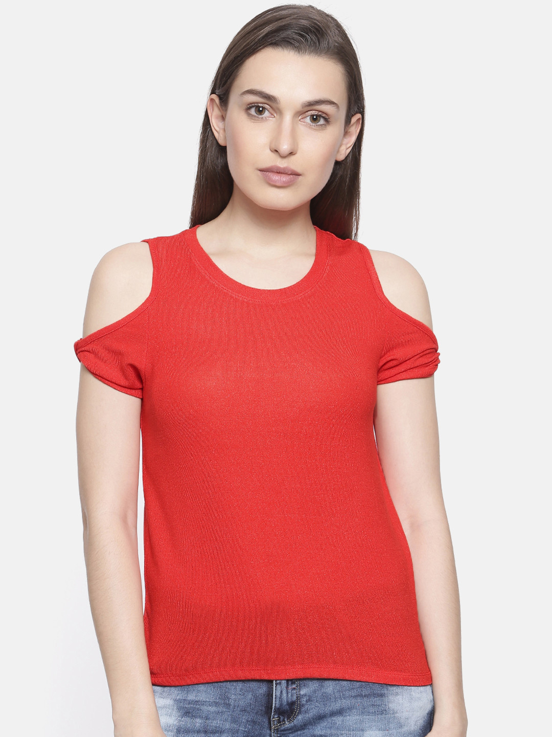 Buy Deal Jeans Women Red Solid Cold Shoulder Top - Tops for Women ...