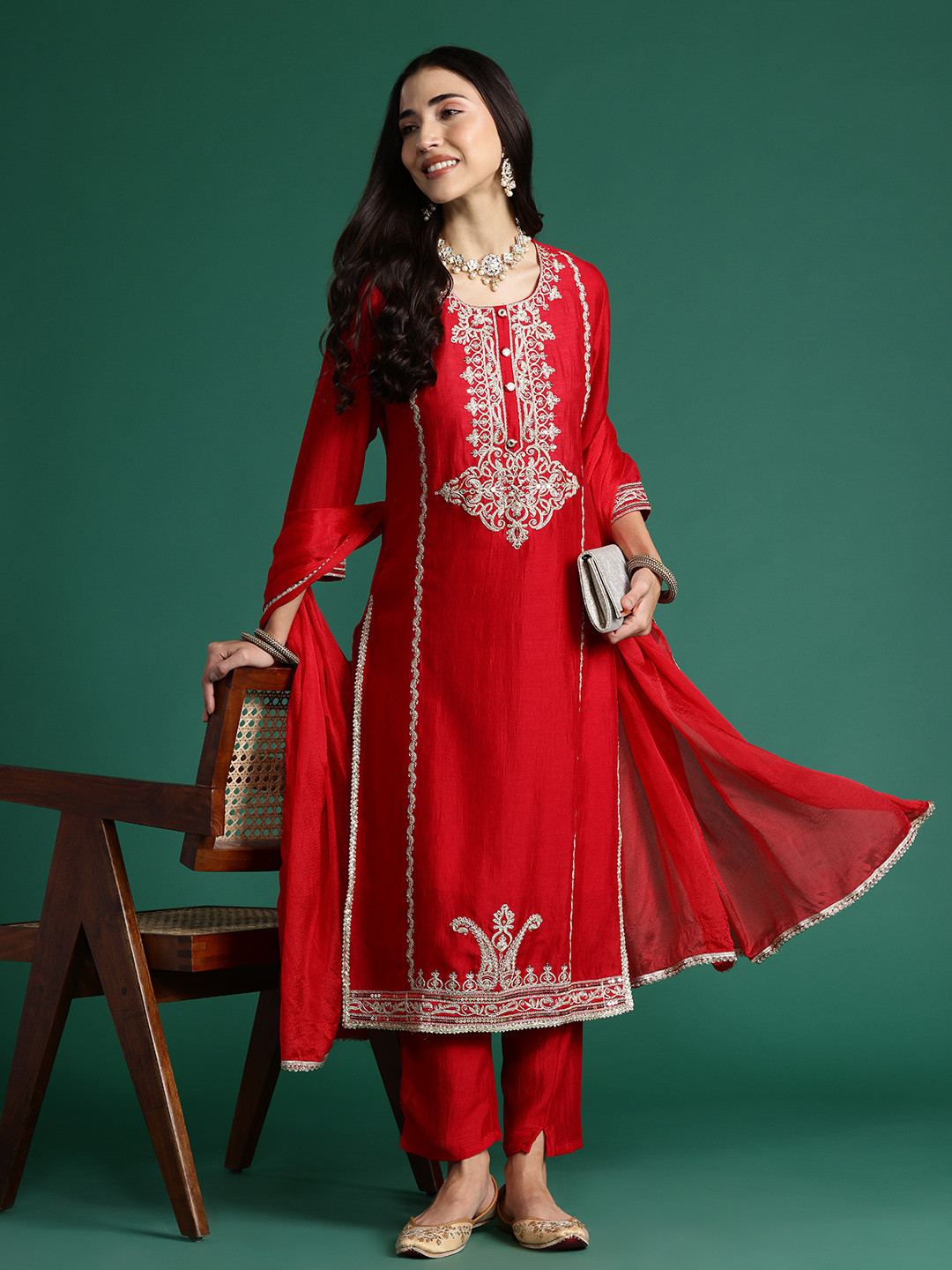 Buy Indo Era Ethnic Motifs Embroidered Kurta With Trousers & With ...