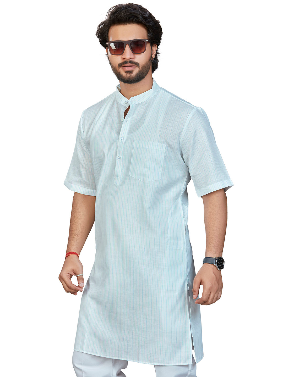 Buy Authentics Classic Striped Mandarin Collar Cotton Straight Kurta ...