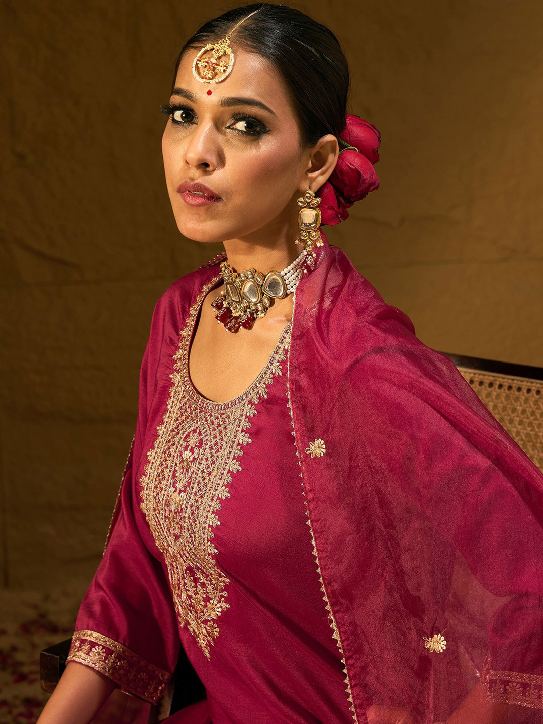 Buy Indo Era Women Ethnic Motifs Embroidered Regular Thread Work Kurta With Trousers & With ...