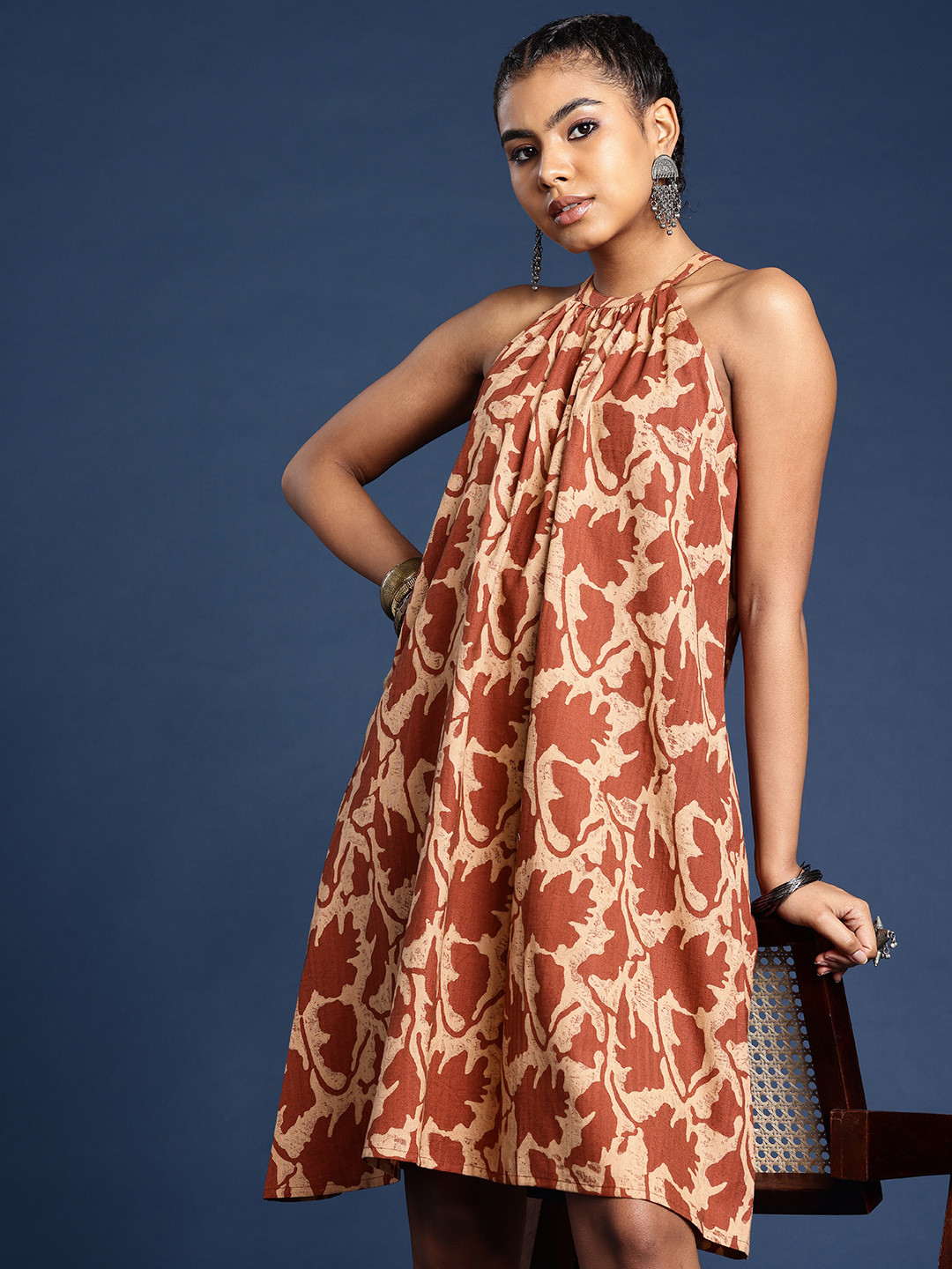 Buy Taavi Floral Printed Halter Neck Pure Cotton Bagru A Line Ethnic ...