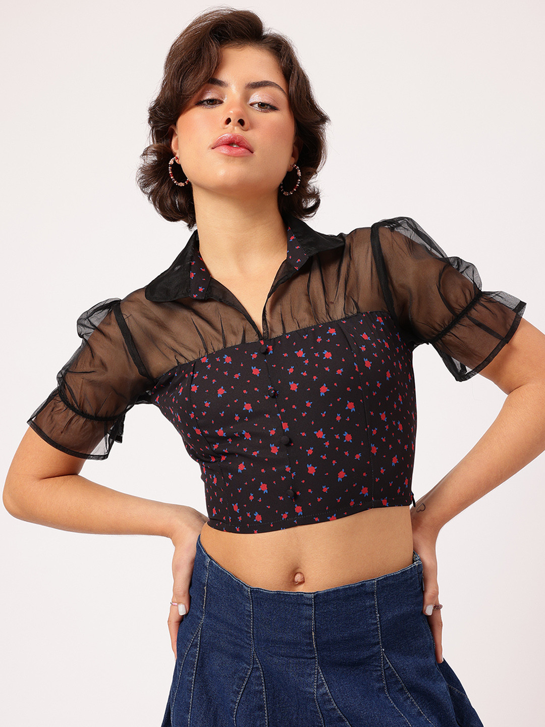 Buy DressBerry Printed Shirt Style Net Detail Crop Top - Tops for Women ...
