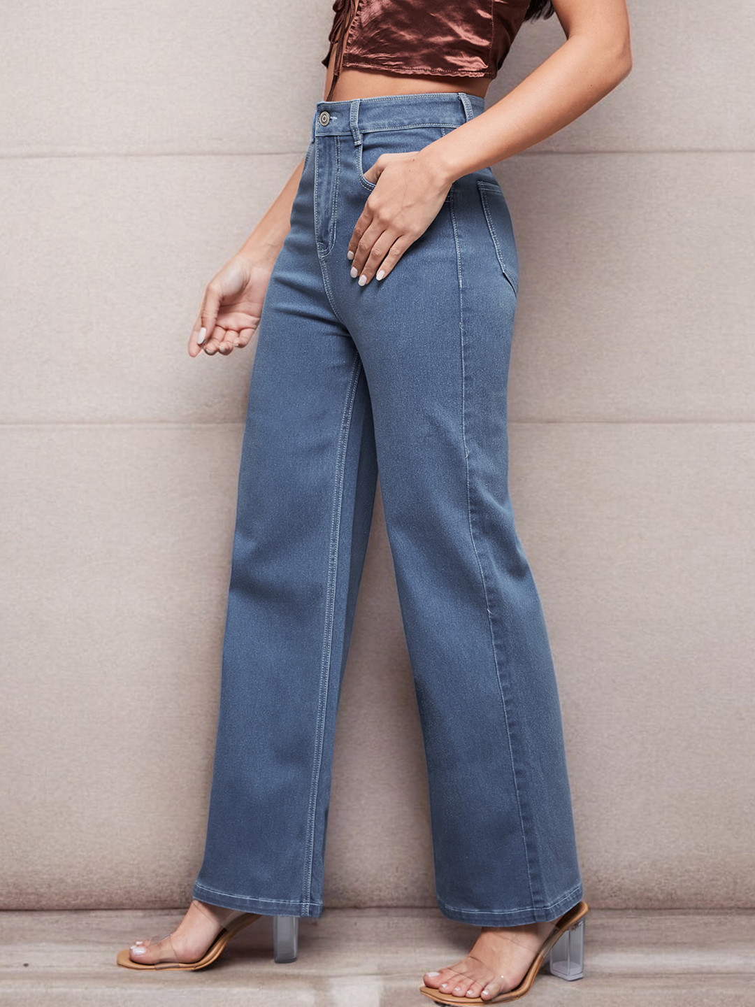 Buy Miss Chase Women Wide Leg High Rise Mildly Distressed Stretchable ...