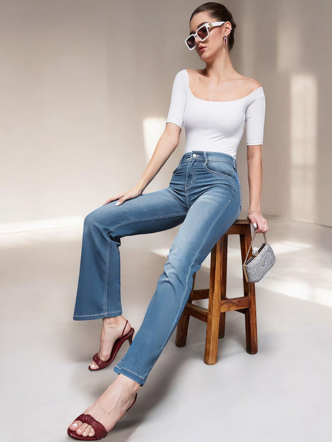 Buy Miss Chase Women Wide Leg Mid Rise Regular Length Blast Effect ...