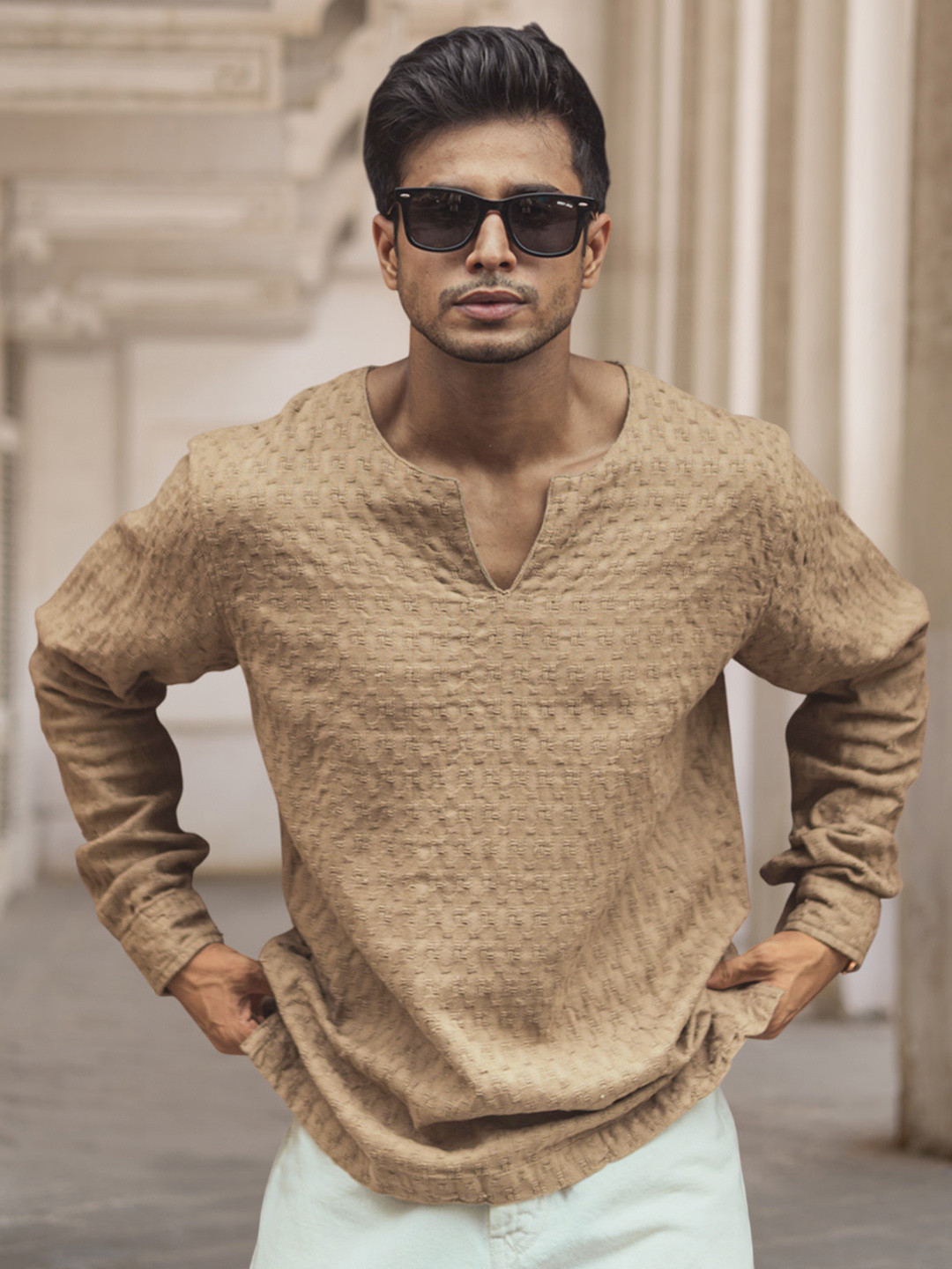 Buy Powerlook Men Collarless Popcorn Texture Pure Cotton Casual Shirt ...