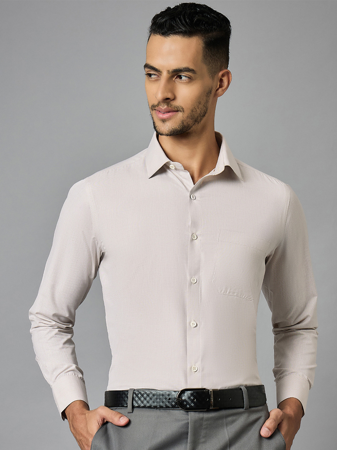 Buy LOUIS STITCH Men Classic Beige Spread Collar Solid Formal Shirt ...