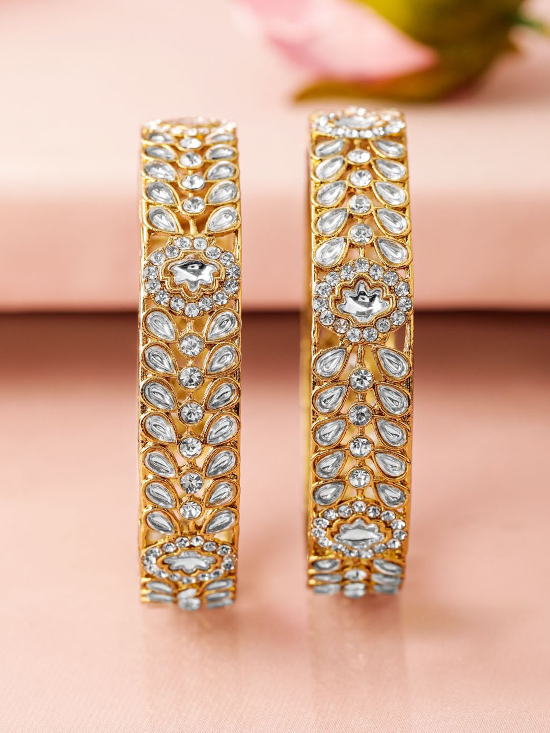 Buy Rubans Set Of 2 18K Mehandi Gold Plated Kundan & Cubic Zirconia ...