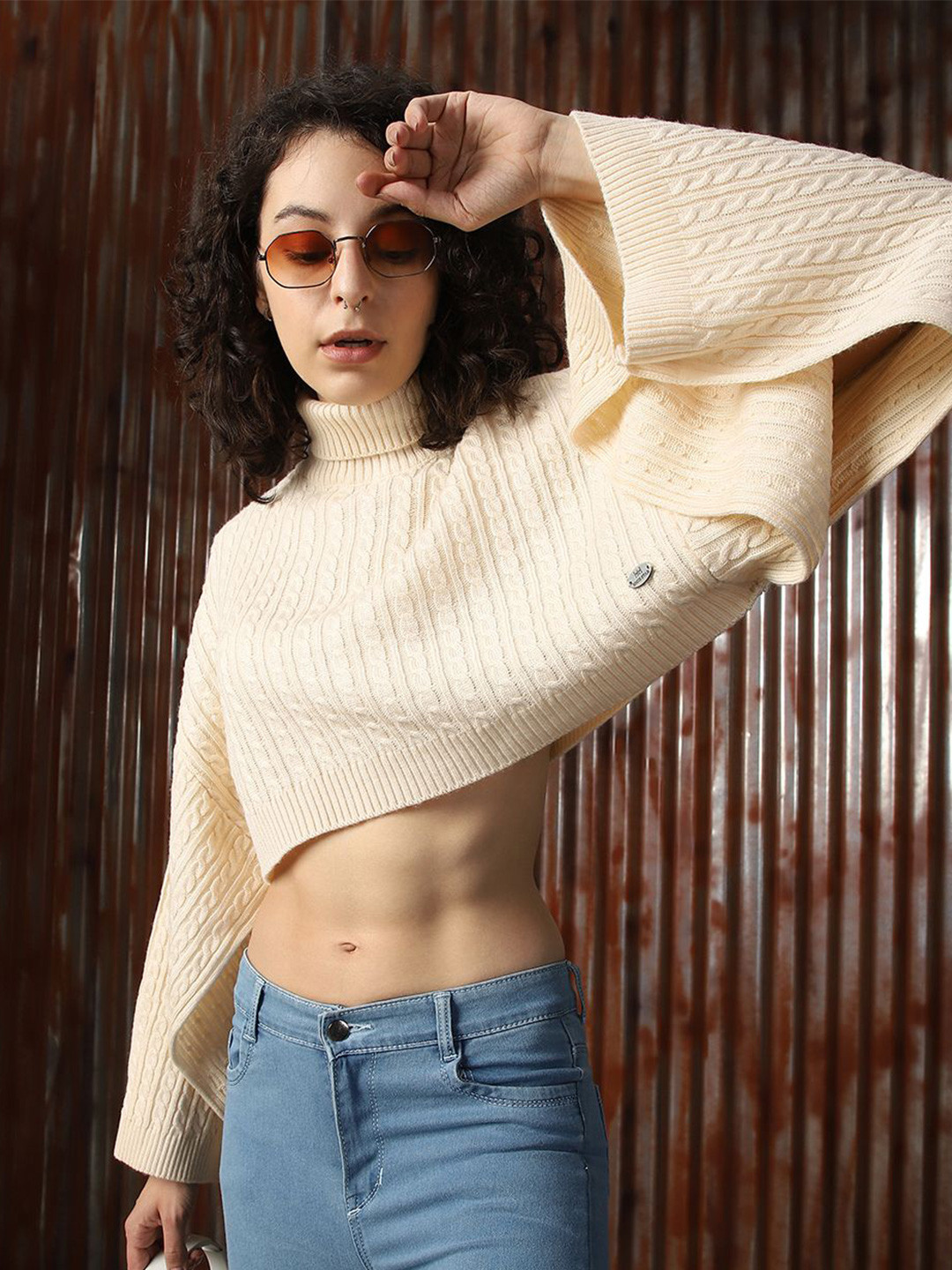 Buy High Star Women Cabel Knit Crop Oversized Fit Loose Sleeve Turtle ...