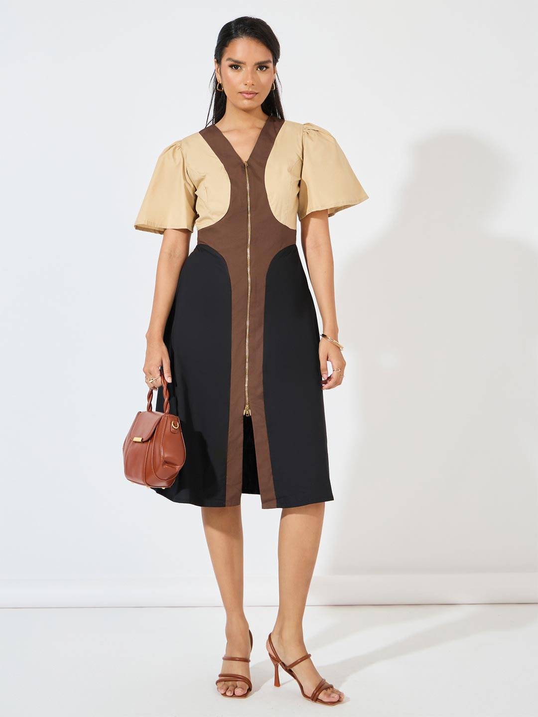 Buy Styli Women Colorblocked Midi Length Front Zipper Dress - Dresses ...