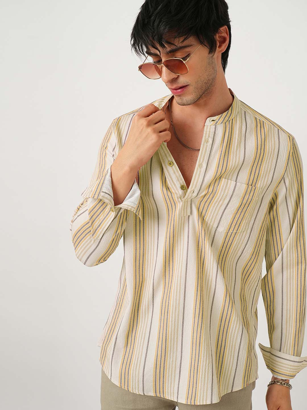 Buy VASTRADO Awning Striped Mandarin Collar Crinkled Straight Kurta ...