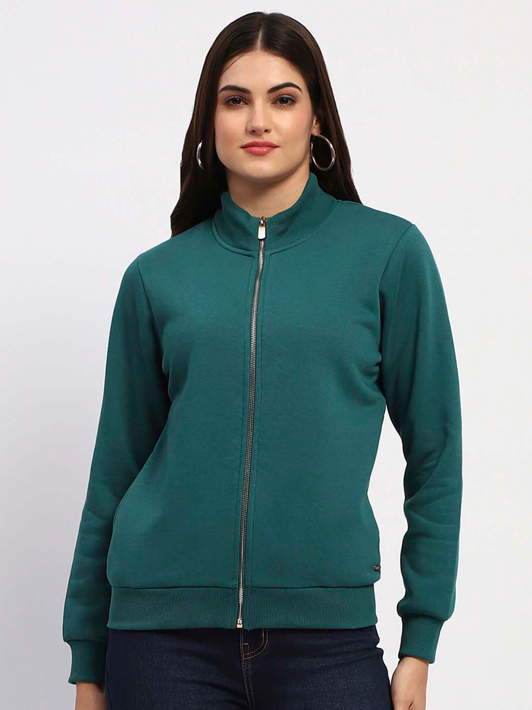 Buy Madame Women Solid Mock Collar Cotton Front Open Sweatshirt ...