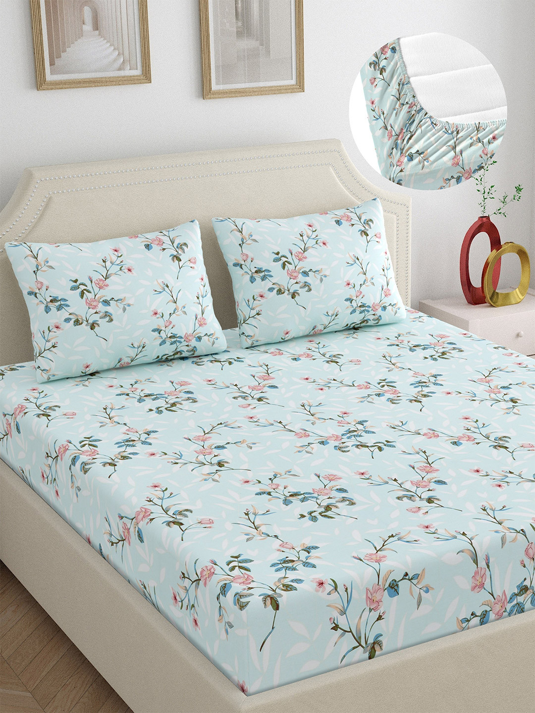 Buy Dreamscape Sea Green Floral 200 TC Pure Cotton Fitted King Bedsheet ...