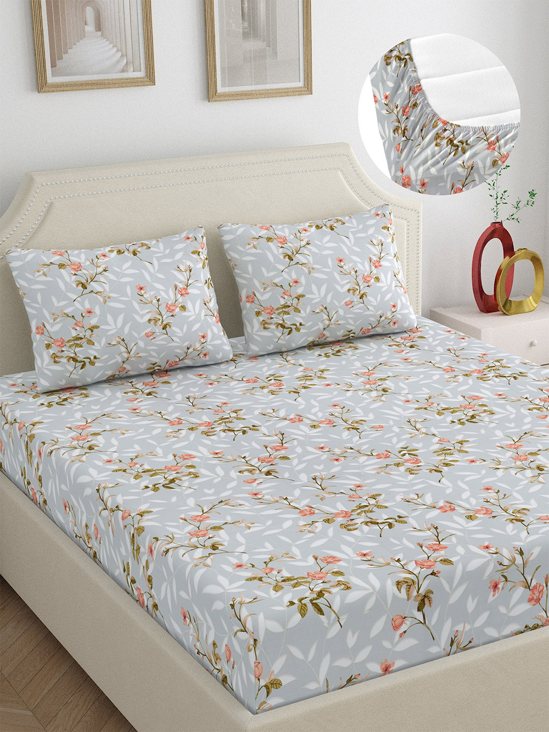 Buy Dreamscape Grey & White Floral 200 TC Pure Cotton Fitted King ...