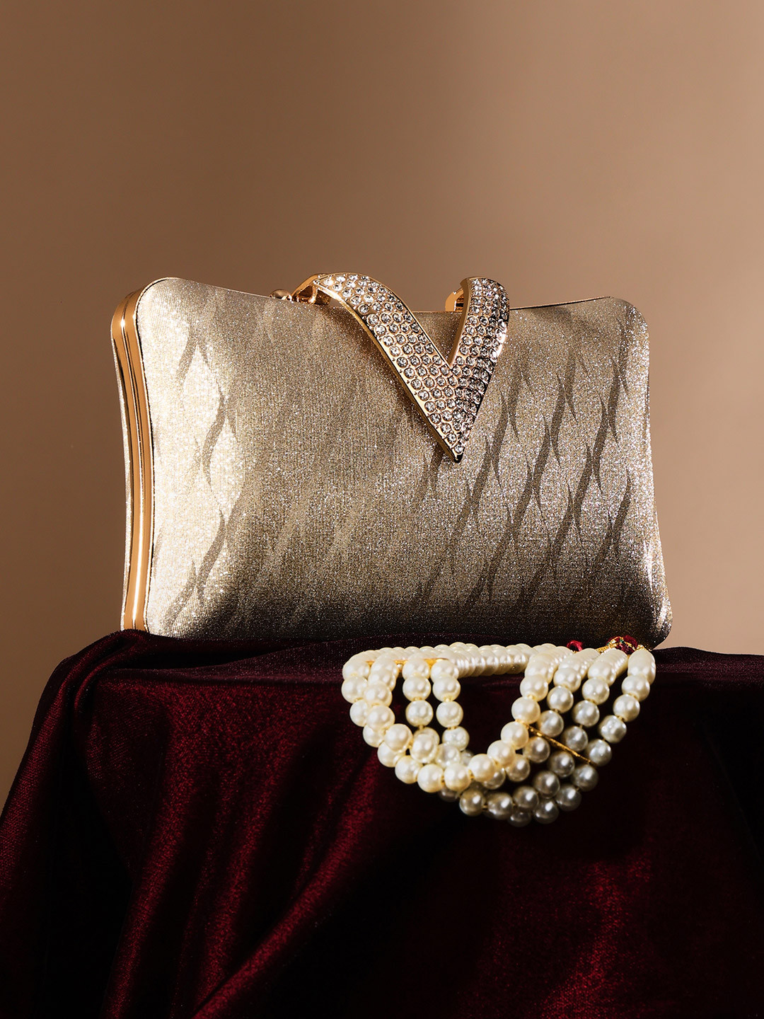 Buy Globus V Shape Stoned Lock Self Design Rectangular Clutch With ...