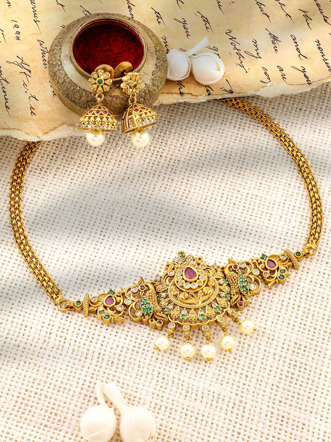 Buy Rubans 22K Gold Plated Ruby, Emerald & Cubic Zirconia Studded Choker Set With Pearl Drops ...