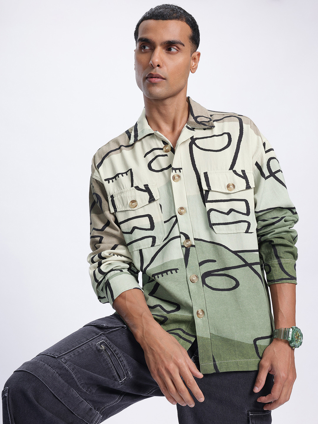 Buy Glitchez Abstract Canvas Chest Pocket Detail Printed Shacket ...