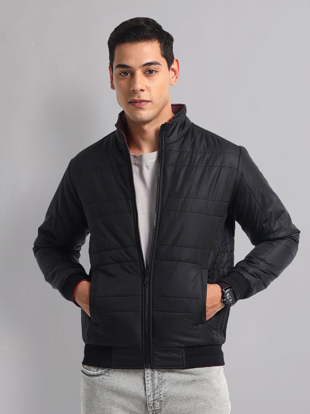 Buy AD By Arvind Men Solid Mock Collar Quilted Reversible Jacket ...