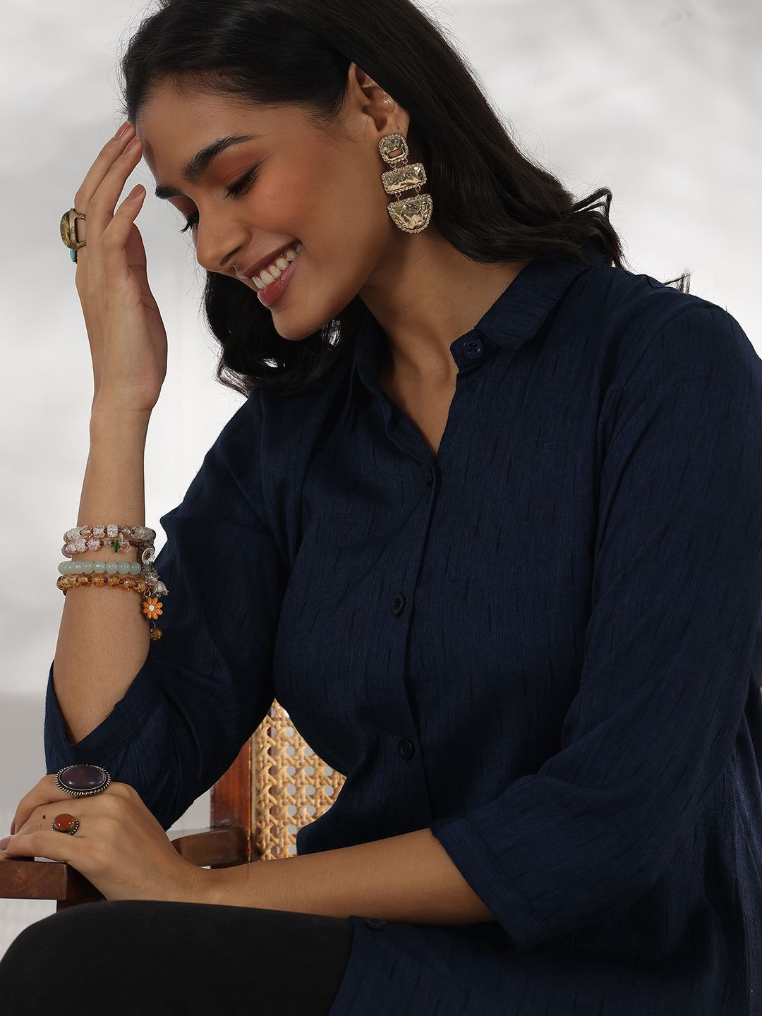 Buy Libas Women Self Design Shirt Collar Front Open Tunic - Tunics for ...