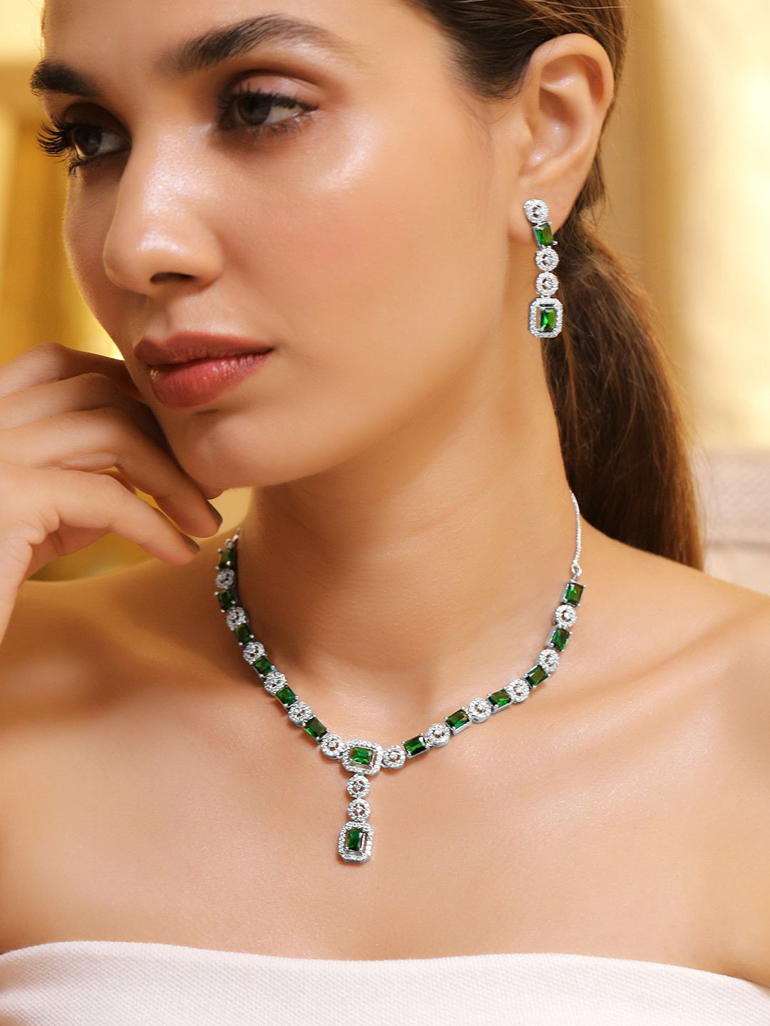 Buy Rubans Rhodium Plated Emerald & Cubic Zirconia Studded Premium ...