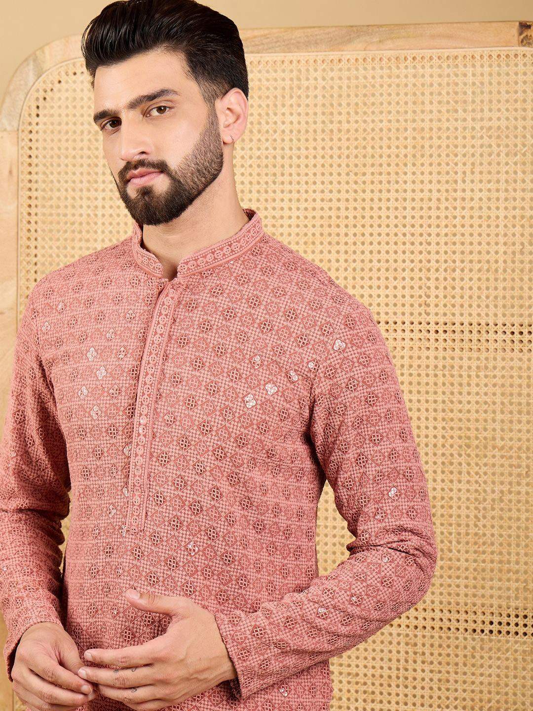 Buy Ethnic Bay Men Embroidered Mandarin Collar Long Sleeves Chikankari ...