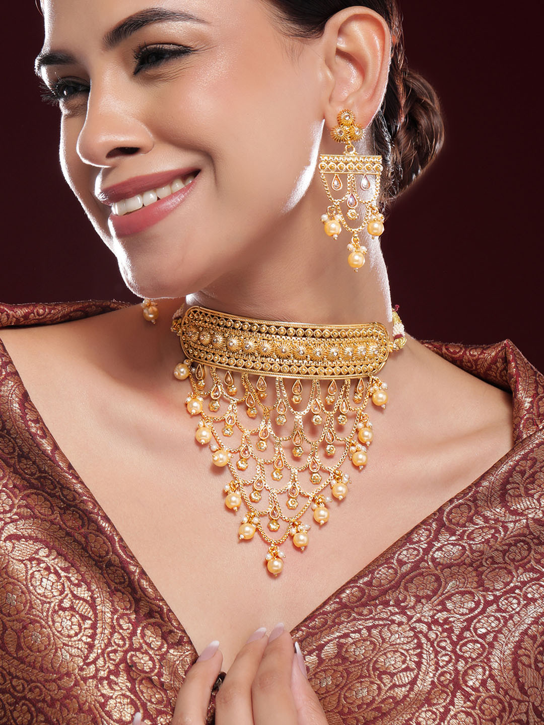Buy Rubans 22K Gold Plated Choker Necklace Set With Pearls & Intricate Layered Design ...
