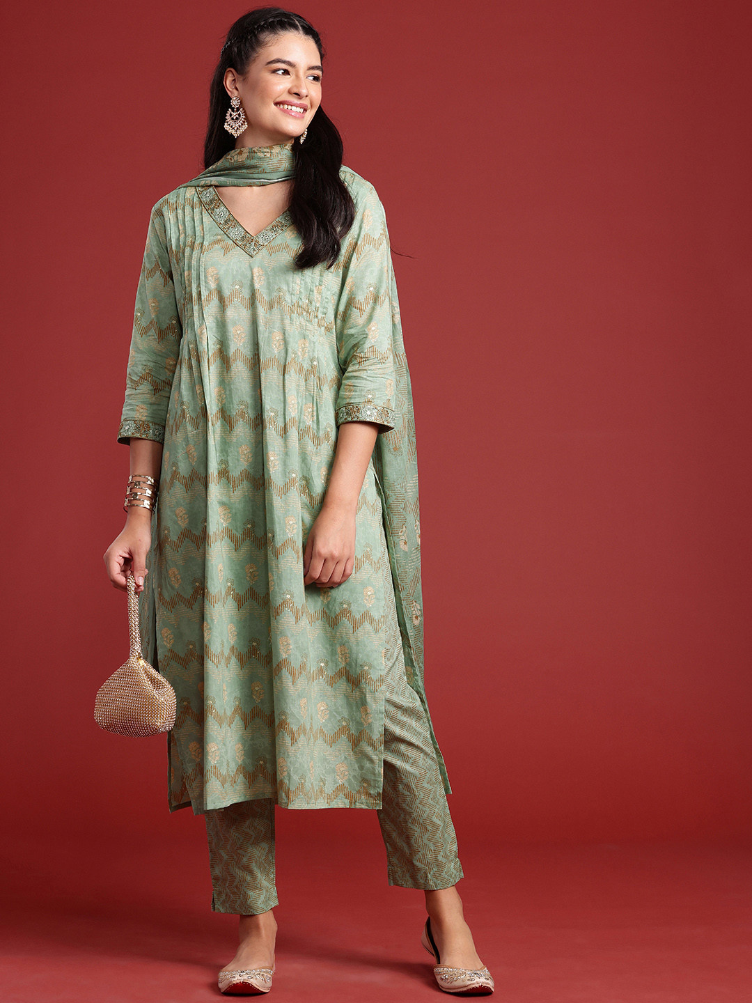 Buy Anouk Ethnic Motifs Printed Sequinned Pure Cotton Kurta With ...