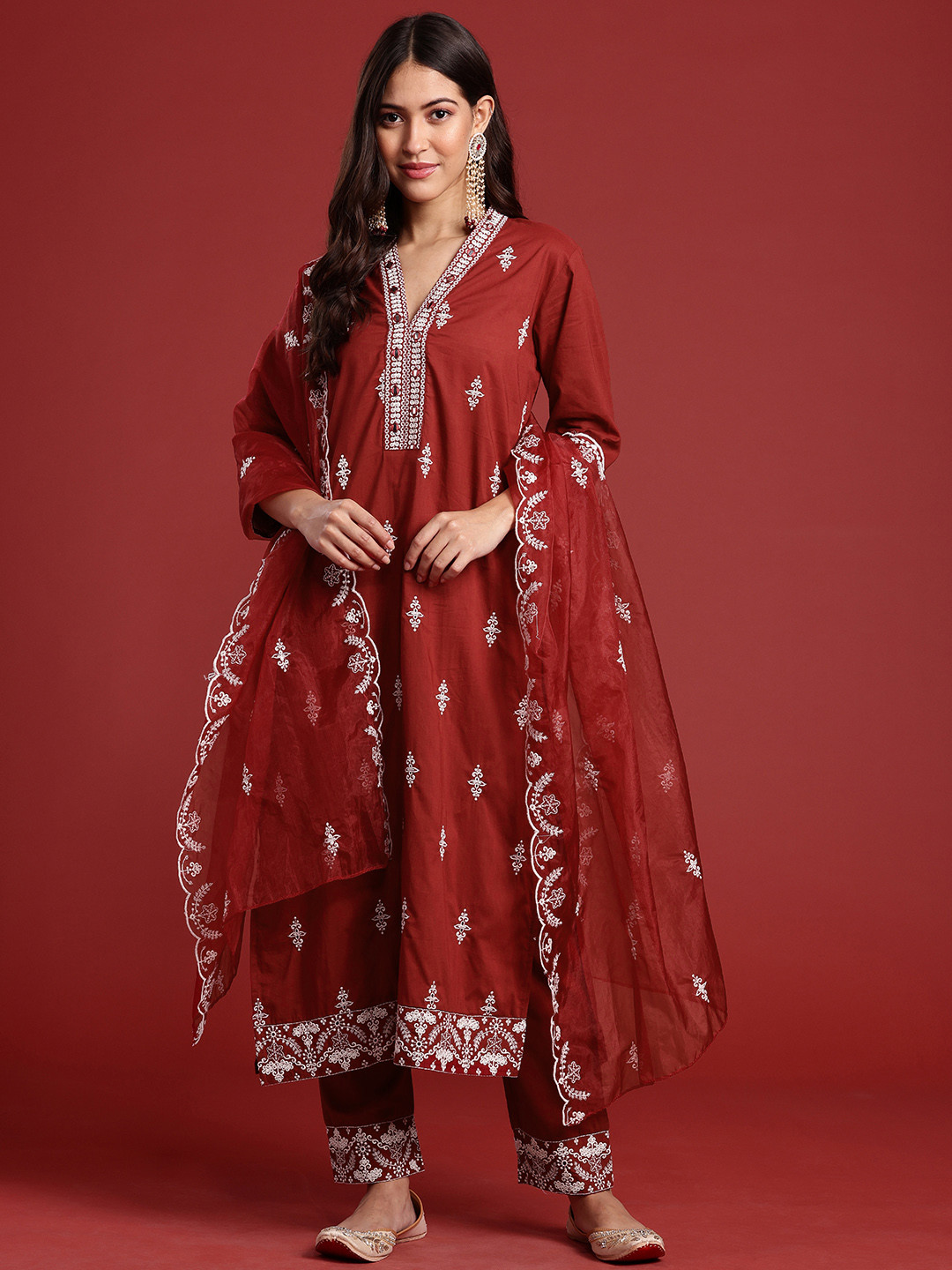Buy Anouk Ethnic Motifs Printed Mirror Work Pure Cotton Kurta With ...