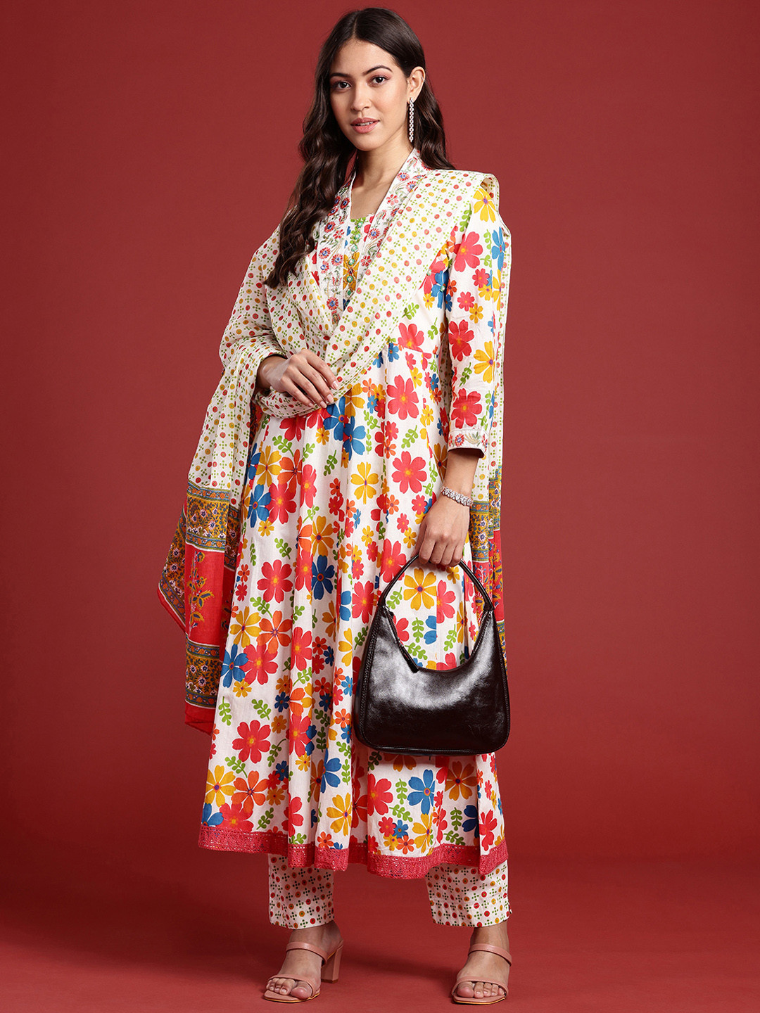 Buy Anouk Floral Printed Pleated Mirror Work Pure Cotton Kurta With Trousers & Dupatta - Kurta ...