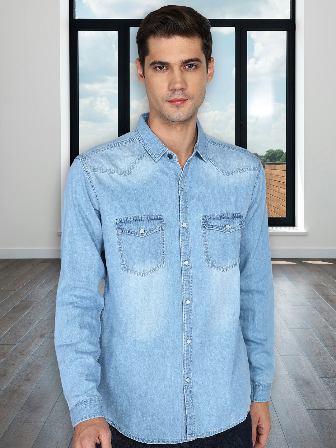 Buy Kuons Avenue Men Smart Spread Collar Solid Denim Slim Fit Casual ...