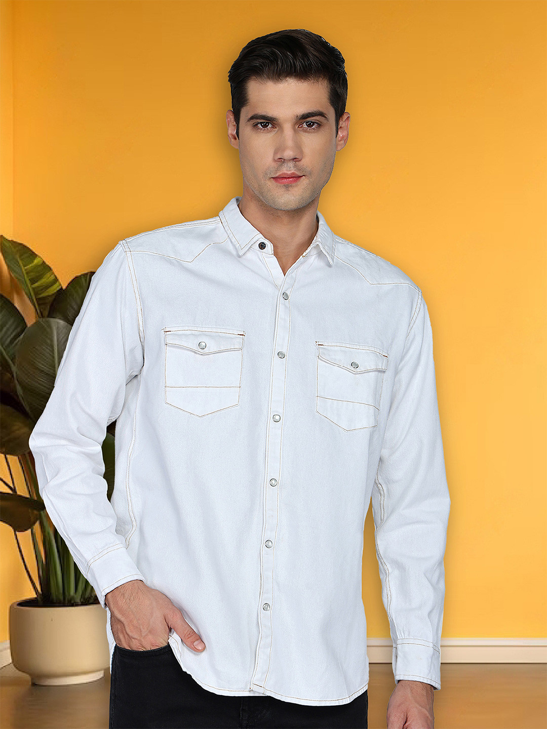 Buy Kuons Avenue Men Smart Spread Collar Solid Denim Slim Fit Casual ...