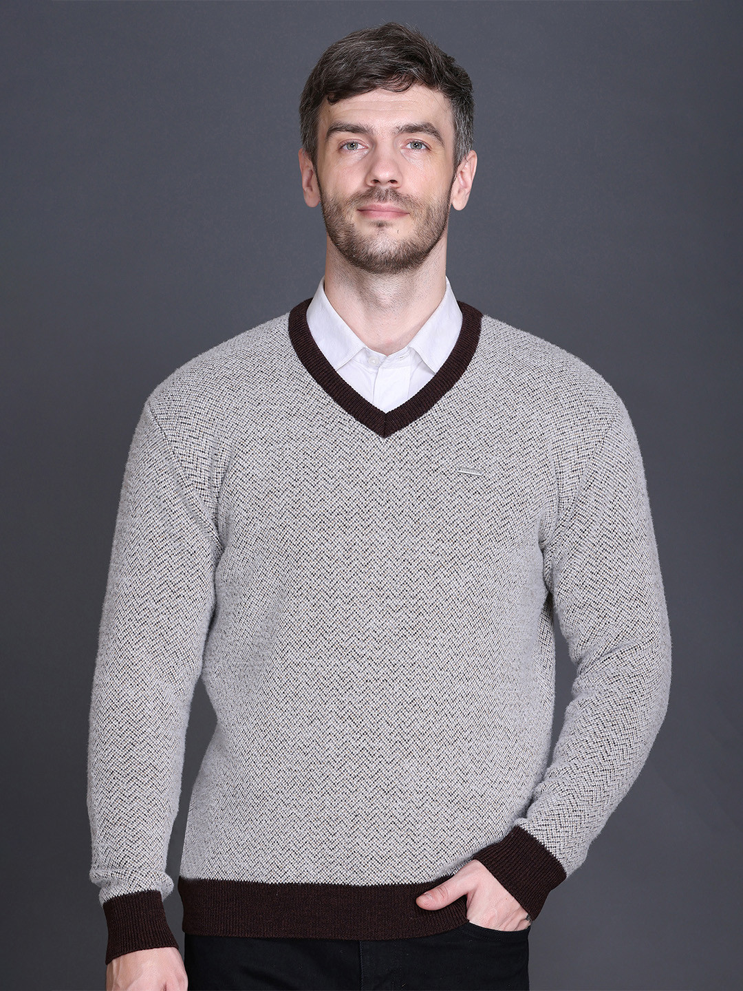 Buy GODFREY Men Open Knit Self Design V Neck Pullover Sweater ...