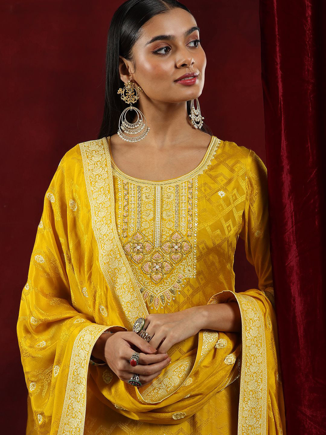 Buy Libas Art Ethnic Motifs Embroidered Beads And Stones Straight Kurta With Trouser & Dupatta ...