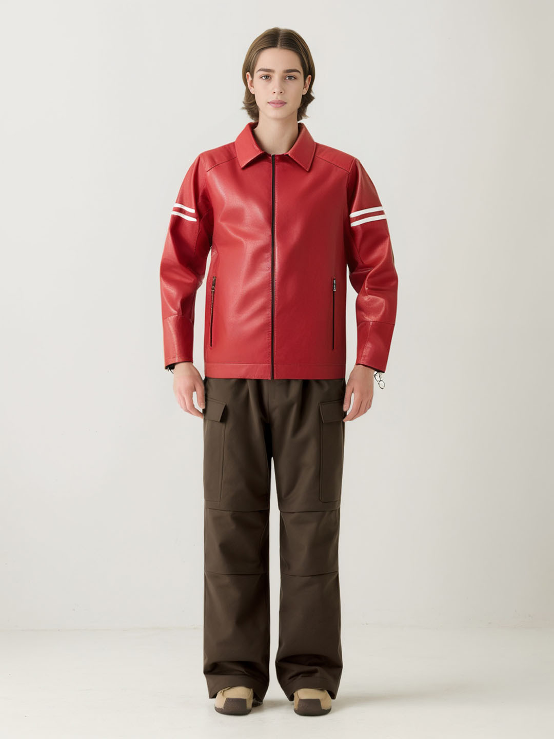 Buy StyleCast X Revolte Men Spread Collar Striped Casual Leather Jacket ...