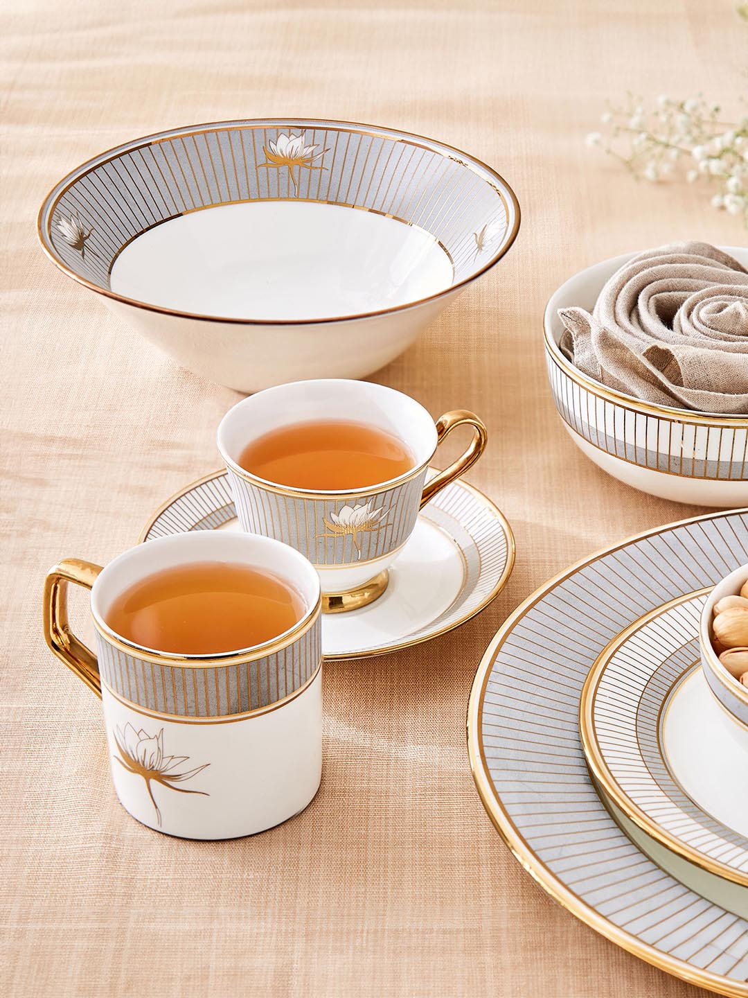 Buy Home Centre Midas Lotus Gold Toned & White Lotus Printed Tea Set ...