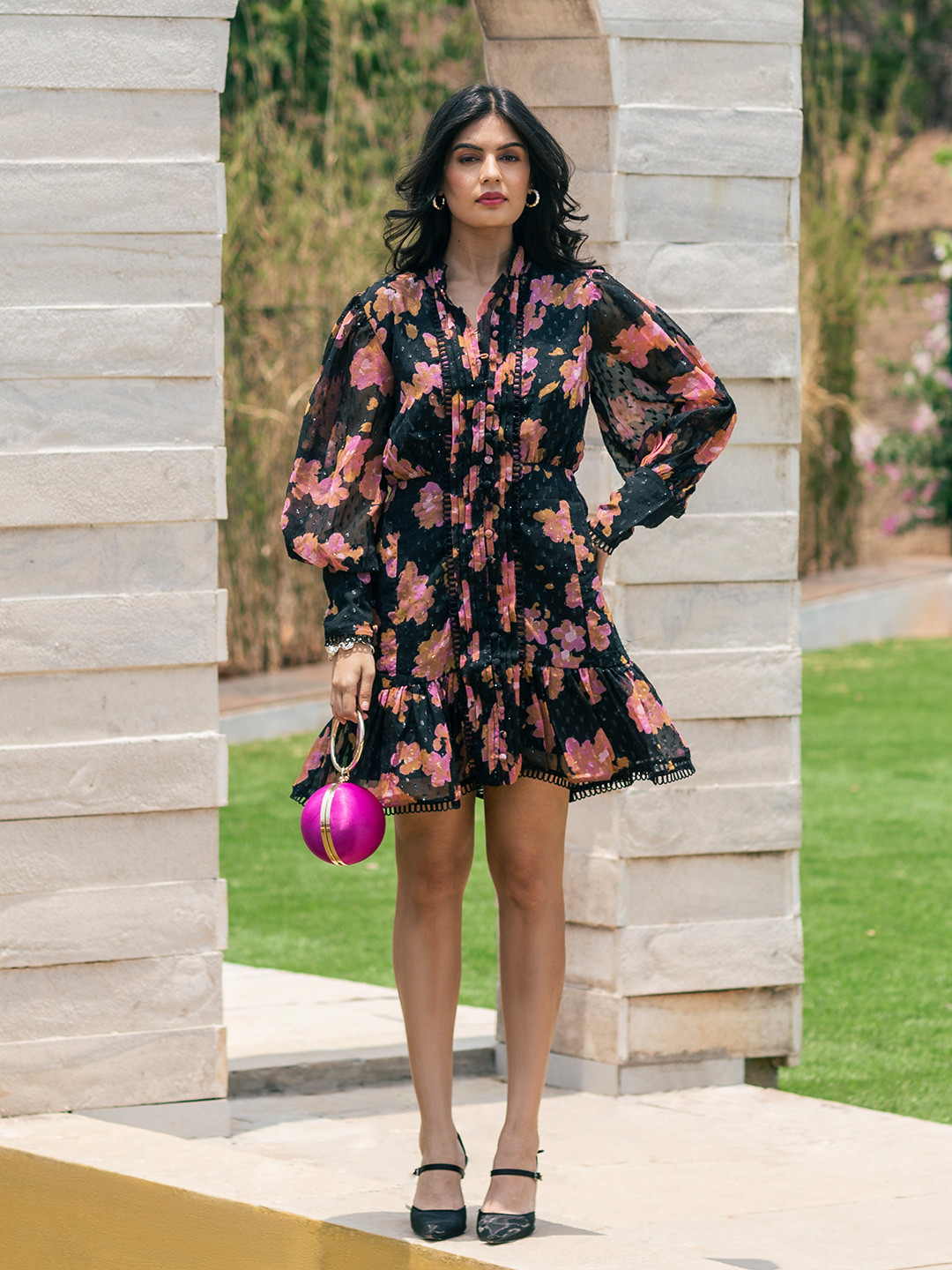 Buy ELEVEN.O.ONE Floral Print Puff Sleeve Georgette Fit & Flare Dress ...