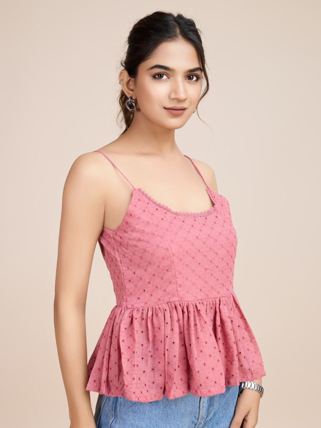 Buy HOUSE OF MIRA Women Pink Shoulder Straps Cotton Peplum Top - Tops ...