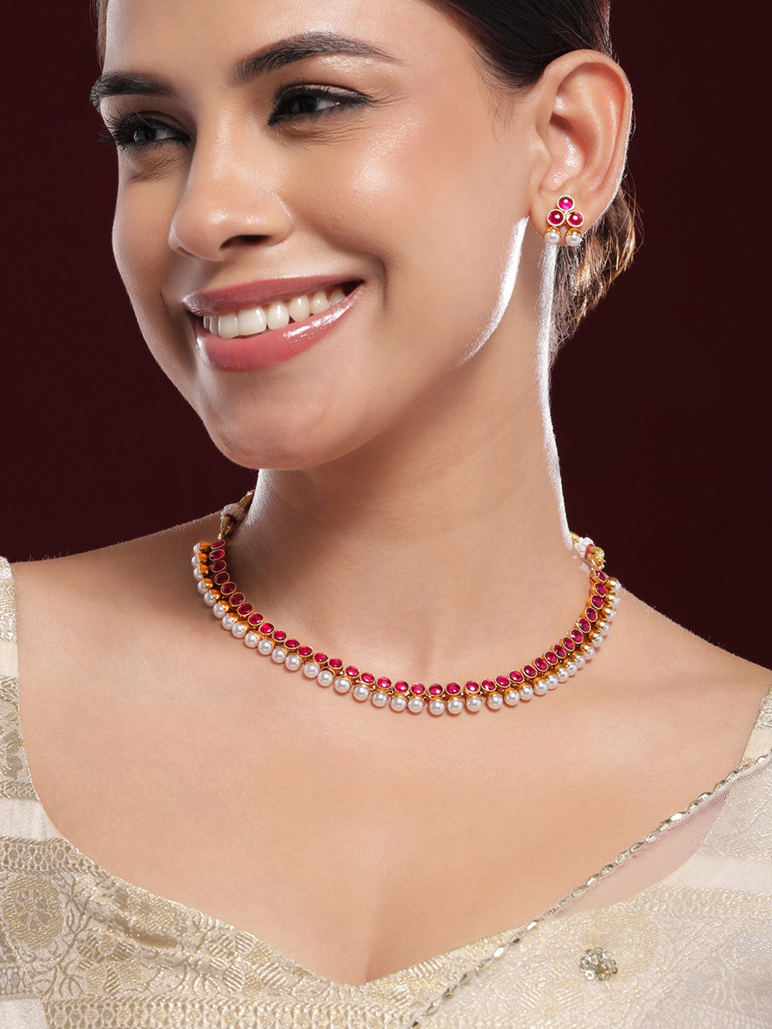 Buy Rubans 22K Gold Plated Ruby Pink & Pearl Beaded Traditional Jewellery Set - Jewellery Set ...