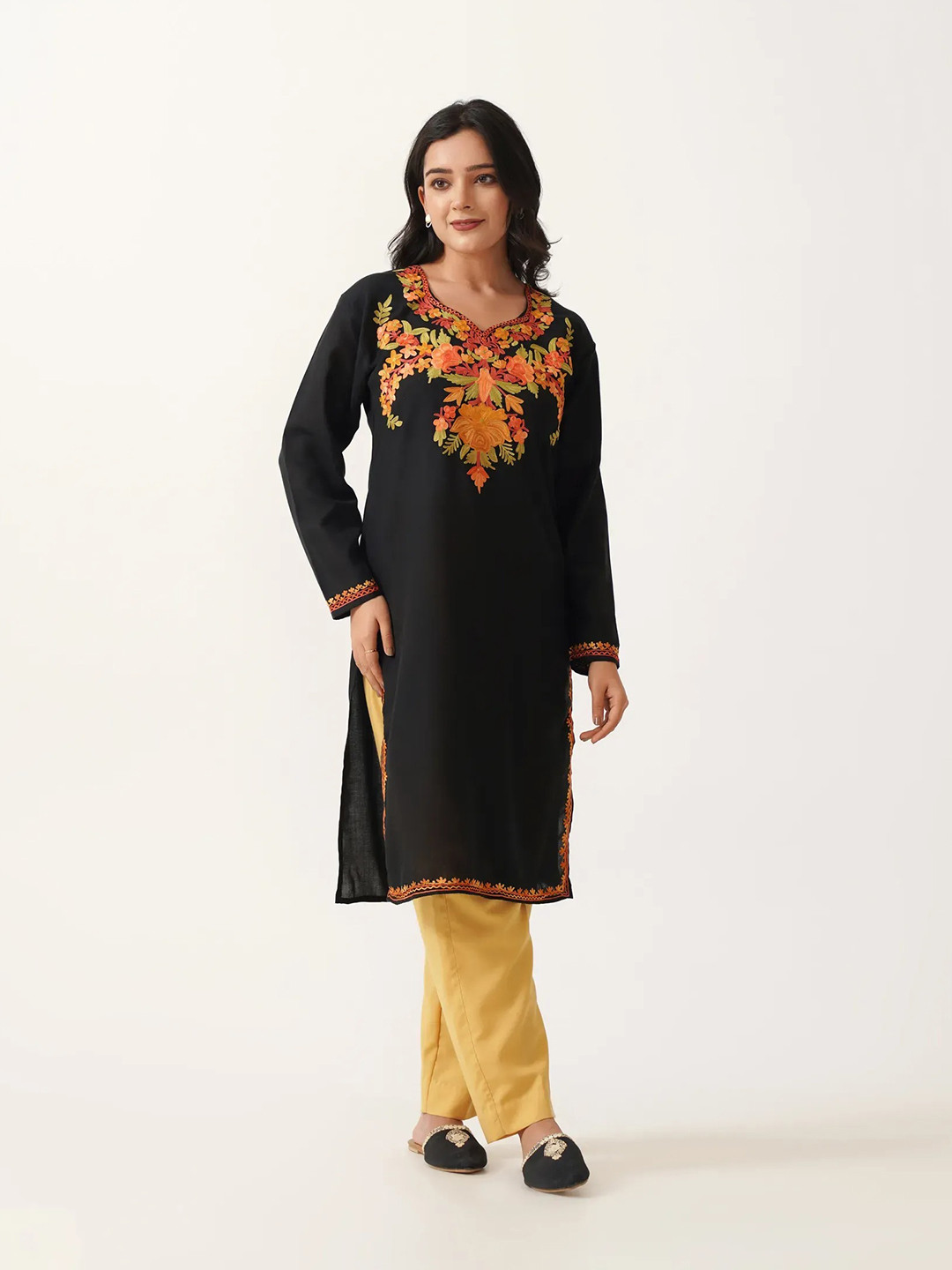 Buy Kashmir Box Kashmiri Aari Embroidered Black Cotton Straight Kurta ...