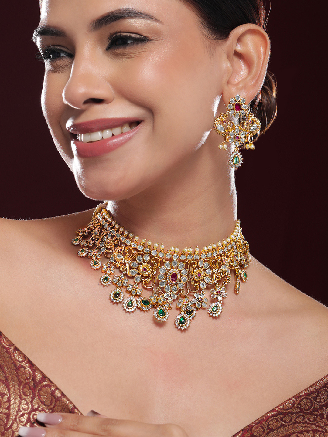 Buy Rubans 22K Gold Plated Kundan, Pink & Green Stone Studded Floral Choker Necklace Set ...