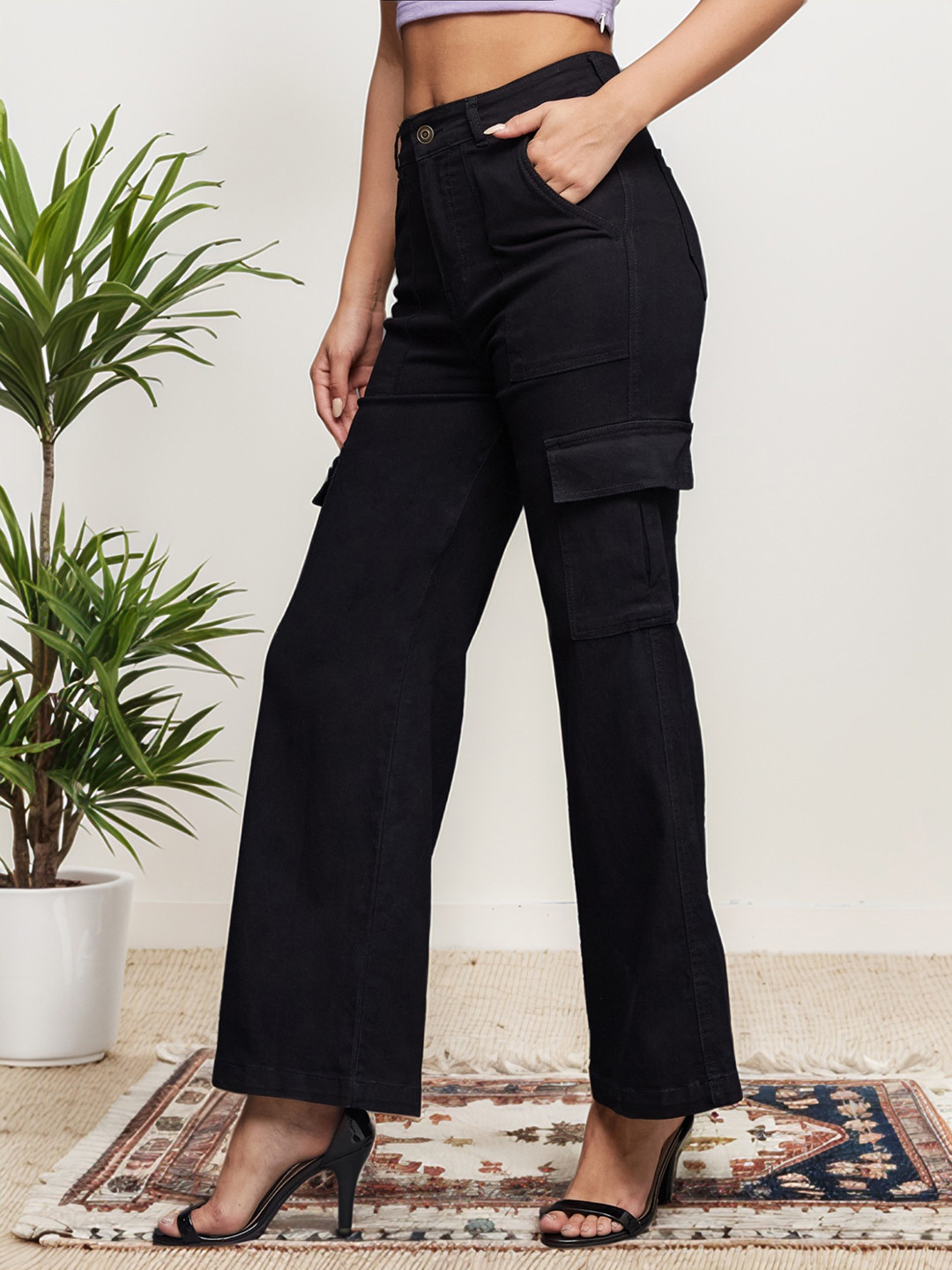 Buy Miss Chase Women Cotton Wide Leg High Rise Stretchable Casual Jeans ...